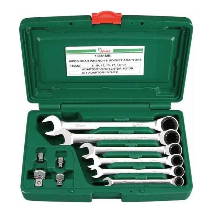 HANS 16651MB Combination Ratchet Box Wrench Set with Adaptors (8-19mm ...