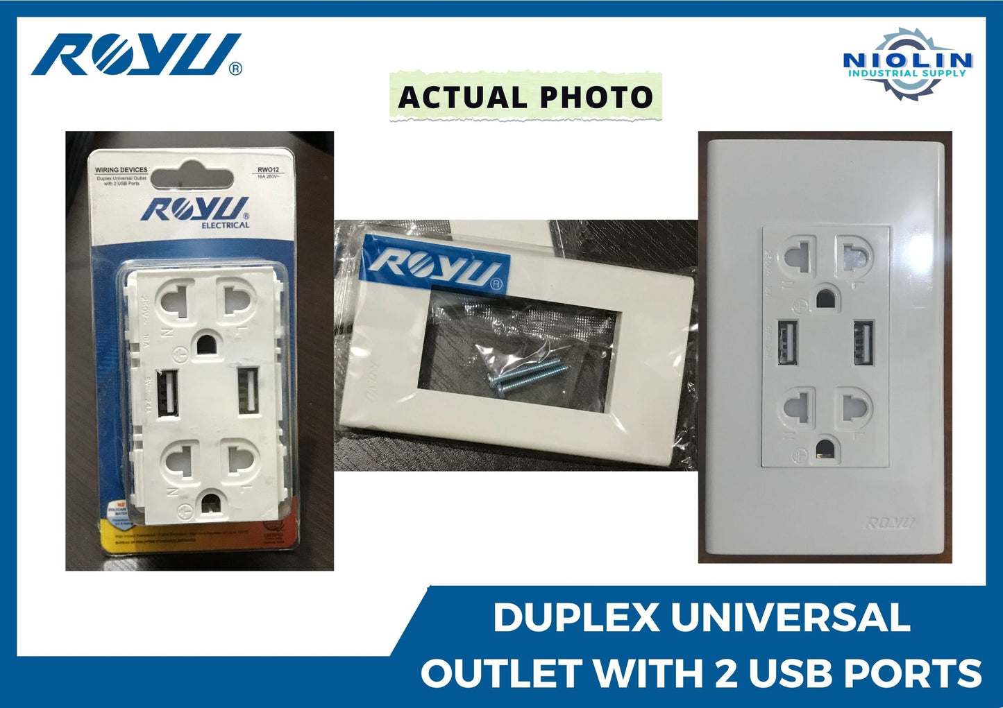 ROYU Duplex Universal Outlet w/ Ground & USB port – Niolin Industrial ...