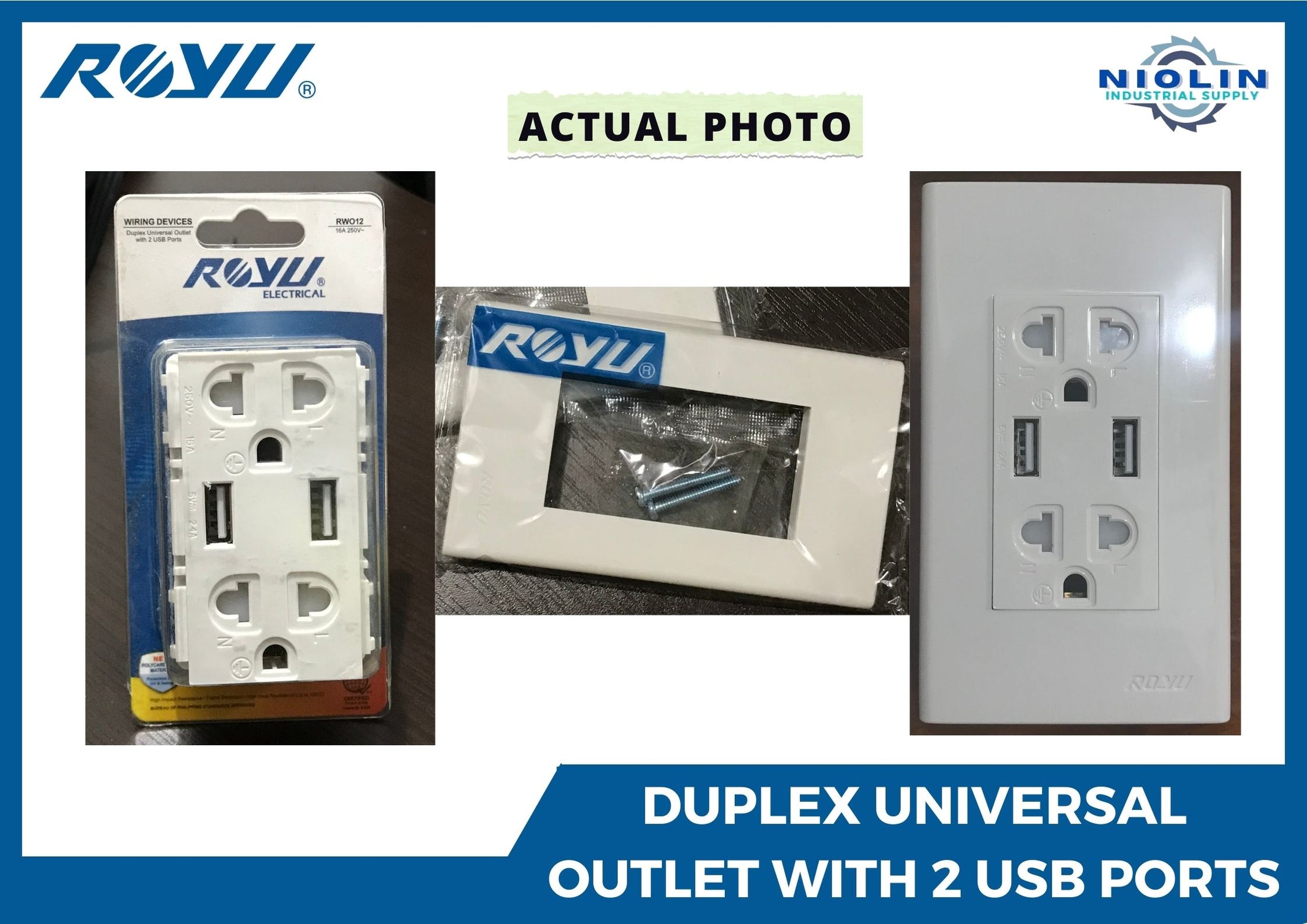 ROYU Duplex Universal Outlet w/ Ground & USB port – Niolin Industrial ...