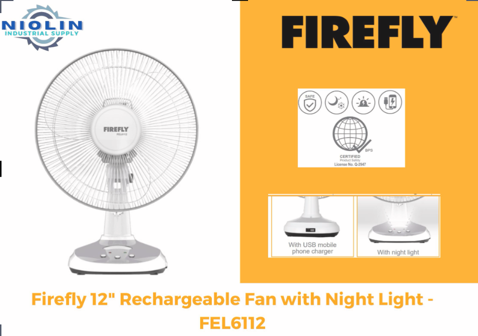 FIREFLY Rechargeable 12" ACDC Fan w/ Night Light – Niolin Industrial Supply